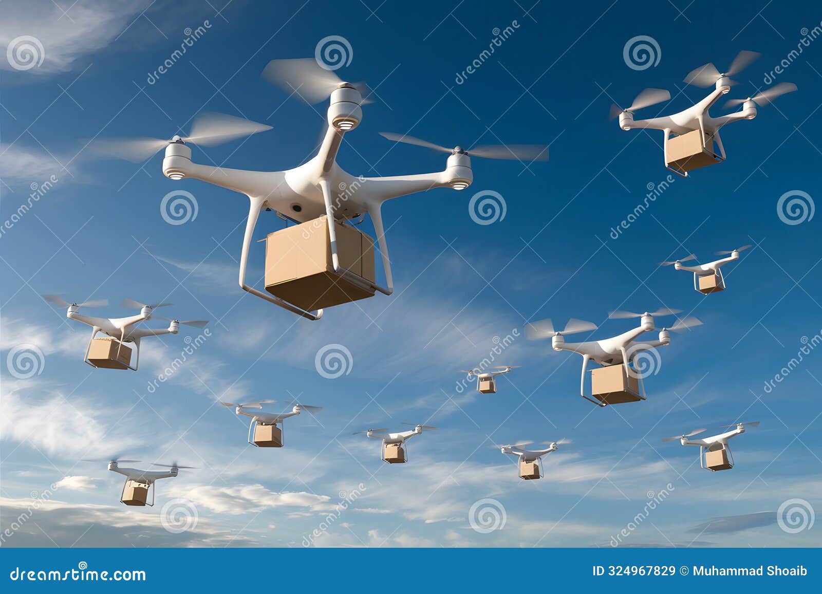 Clear Blue Sky Dotted with White Drones Carrying Rectangular Brown ...