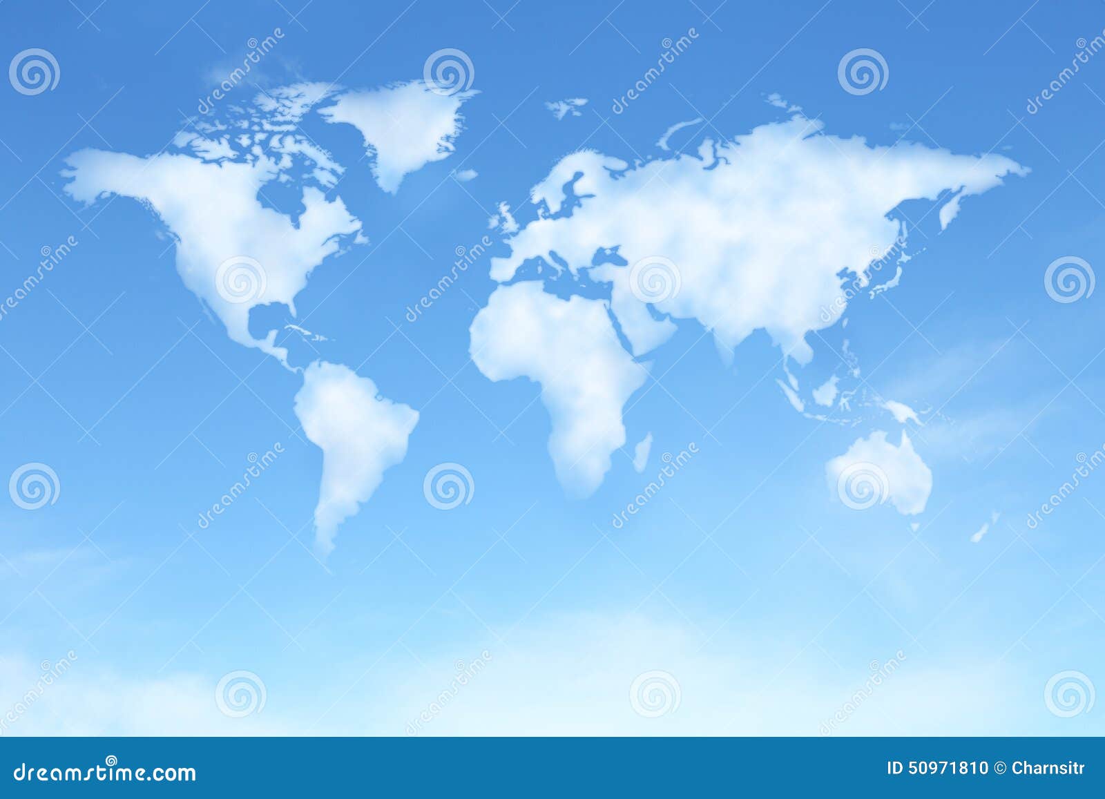 Clear Blue Sky with World Map in Cloud Shape Stock Illustration ...