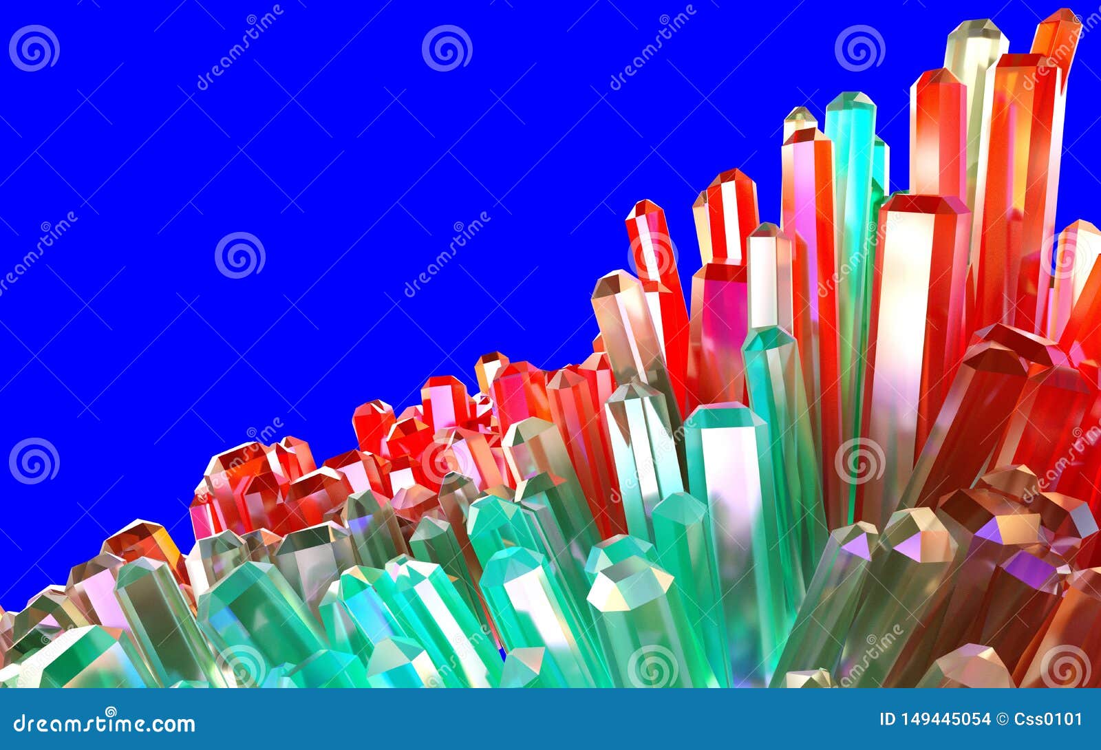 Clear Colorful Crystal Cluster Isolated on Blue Background. 3D ... Clear Colorful Crystal Cluster Isolated on Blue Background. 3D ...
