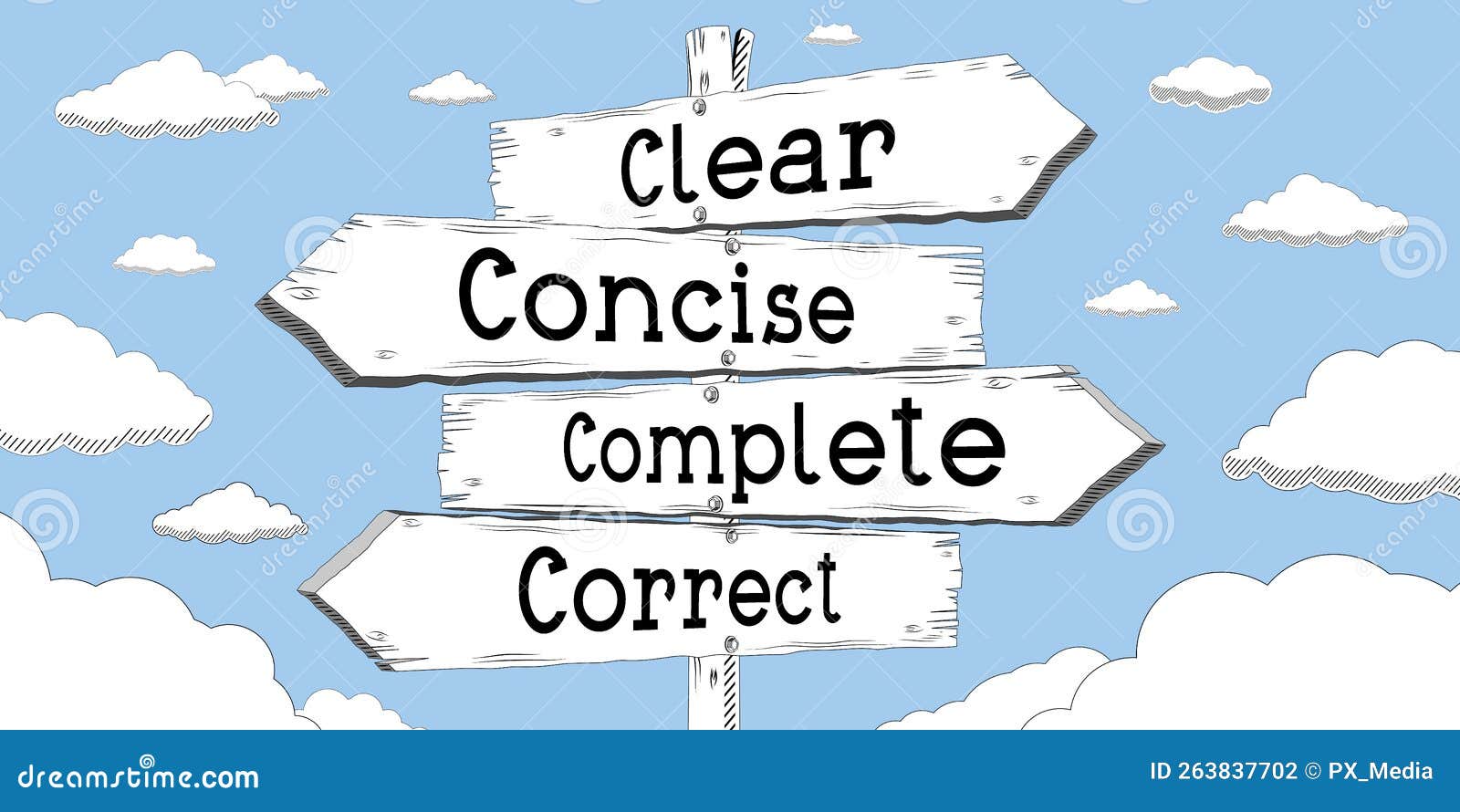 Clear, Concise, Complete, Correct - Outline Signpost with Four Arrows ... Clear, Concise, Complete, Correct - Outline Signpost with Four Arrows ...