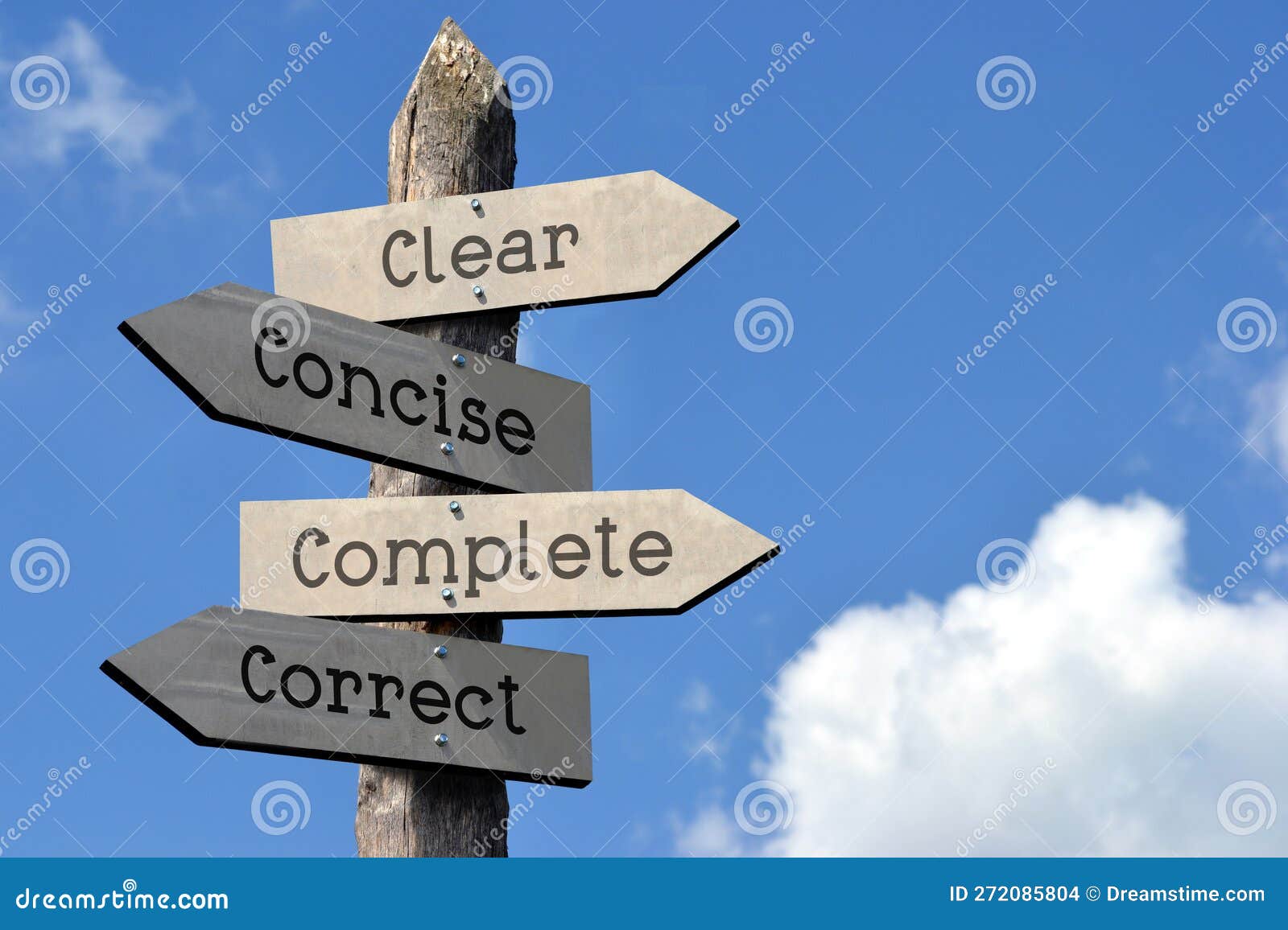 Clear, Concise, Complete, Correct - Wooden Signpost with Four Arrows ... Clear, Concise, Complete, Correct - Wooden Signpost with Four Arrows ...
