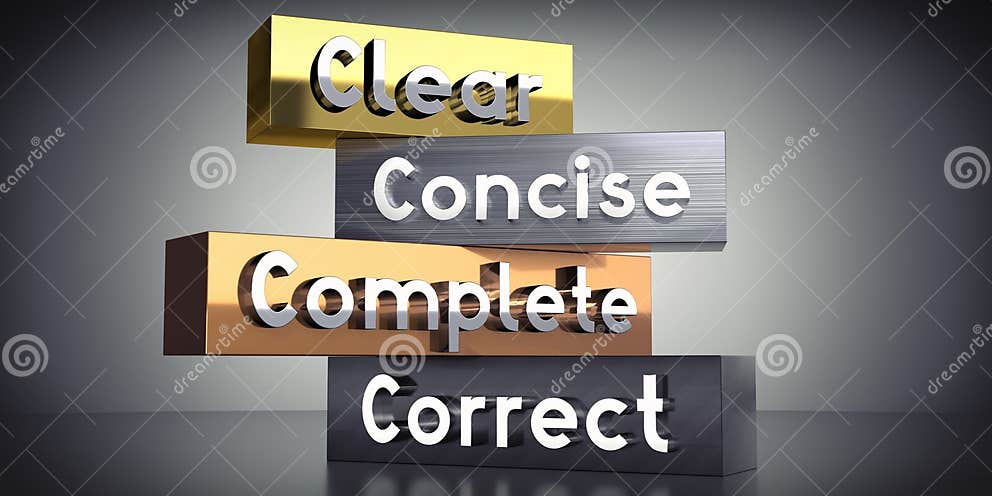 Clear, Concise, Complete, Correct - Words on Metal Blocks Stock ...