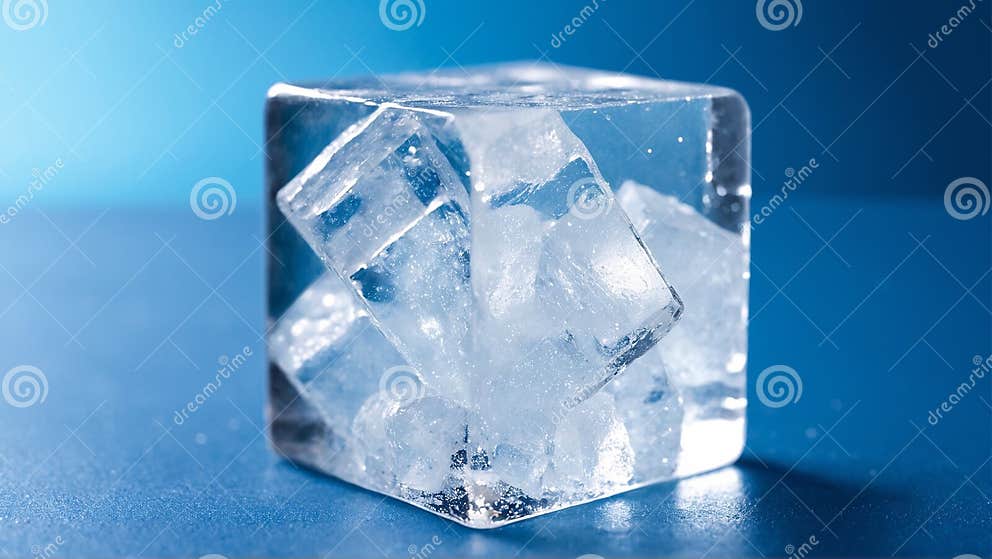 A Clear Cube of Ice with Several Cubes Inside, Set Against a Blue ...