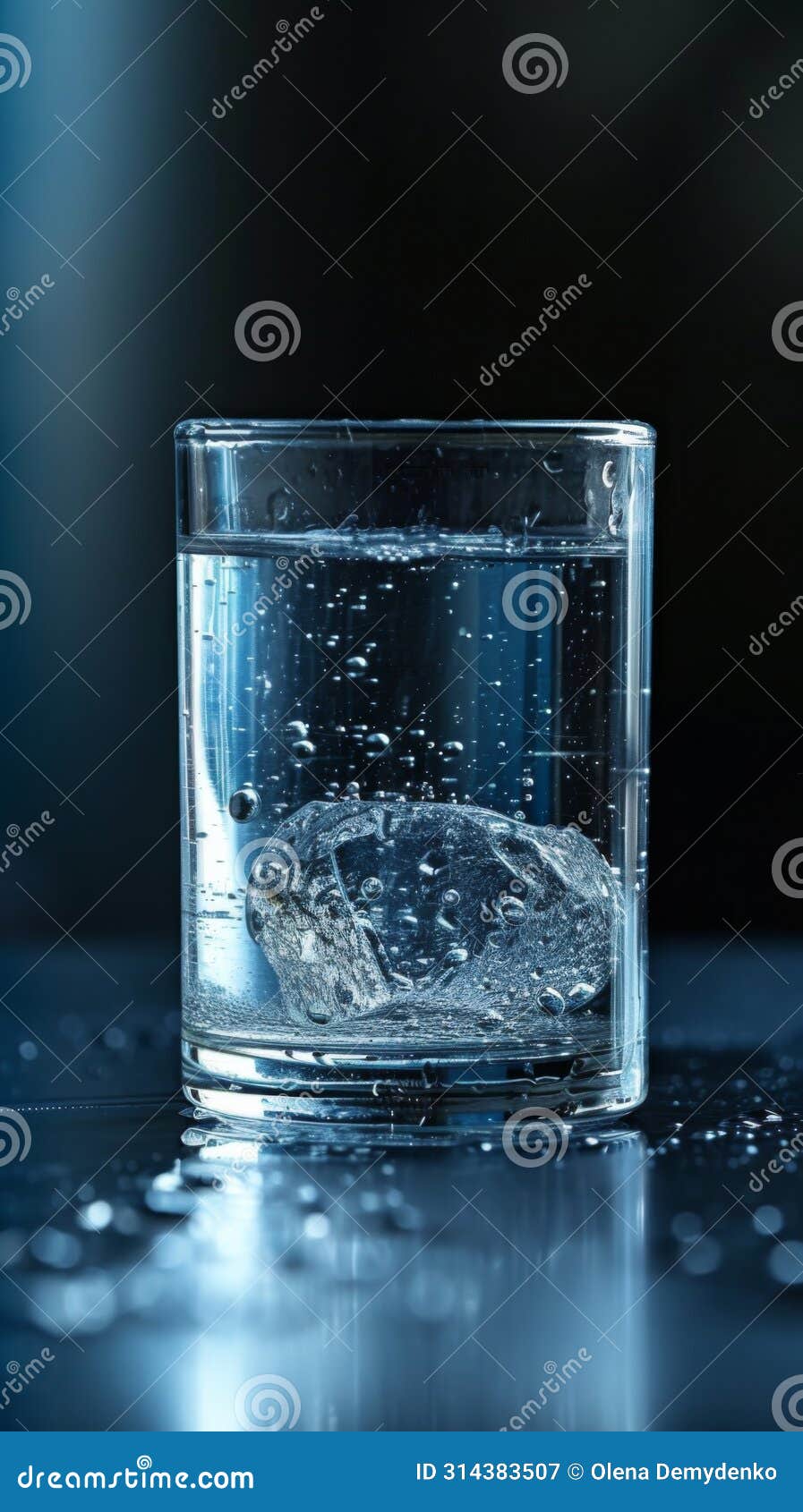 Clear Glass of Water with Ice on Blue Table. Isolated on Blue ...