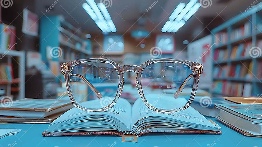 Clear Glasses Rest on an Open Book in a Blurred Library Background. the Image Evokes a Sense of ...