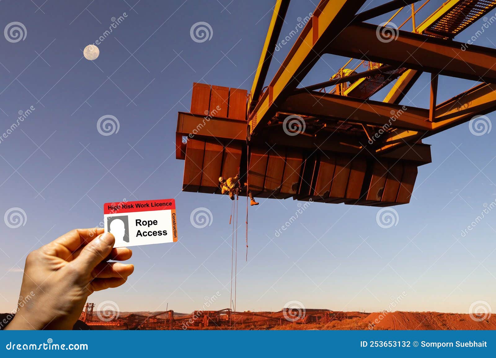 Trained Rope Access Abseiler Standing Inspecting And Wearing Full Body ...