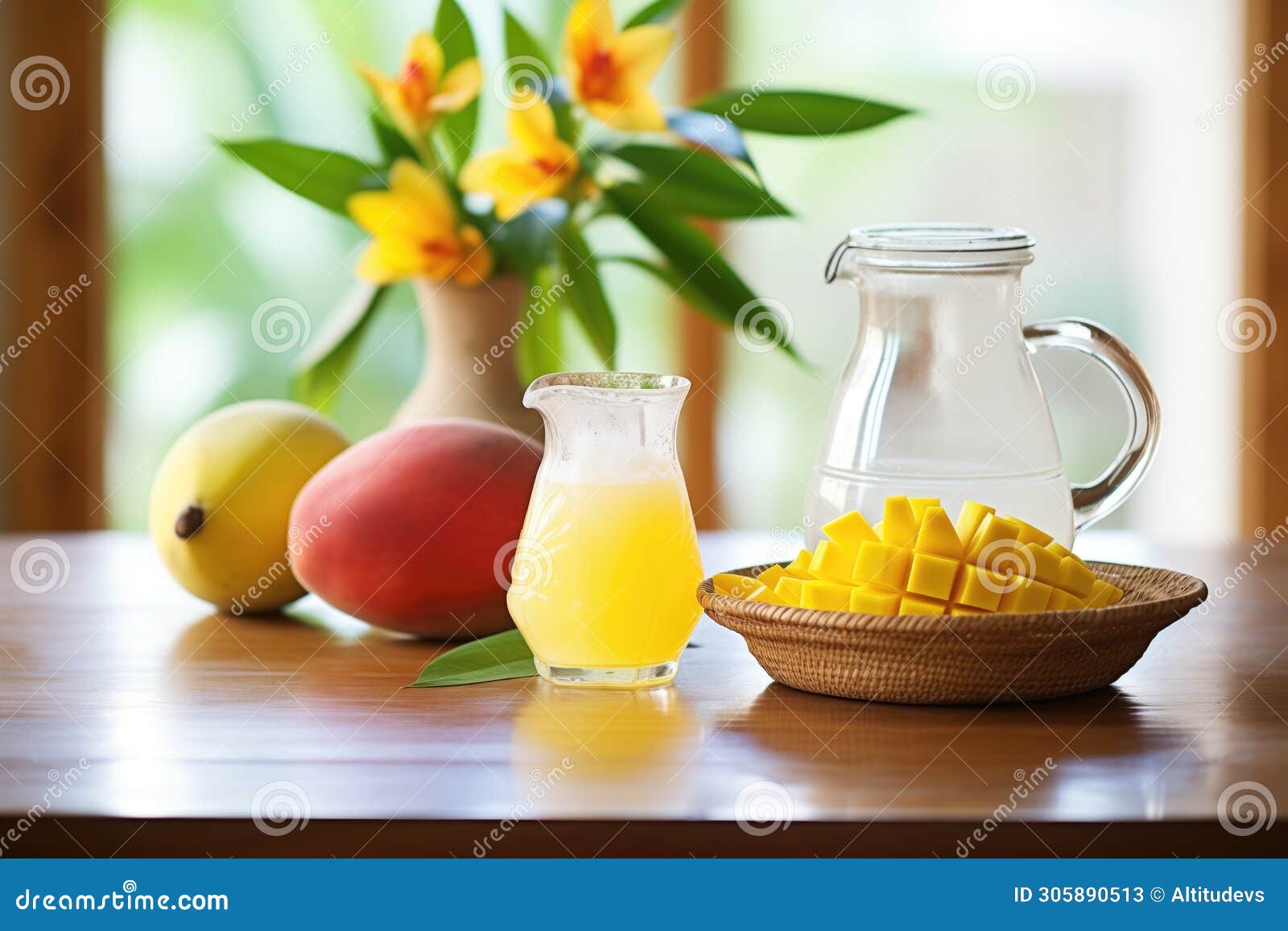 Clear Jug on Table Surrounded by Fresh Mangoes Stock Image - Image of ...