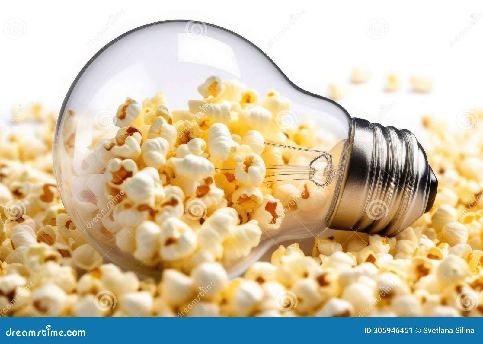 A Clear Light Bulb on Its Side Filled with Popcorn Kernels Against a ...