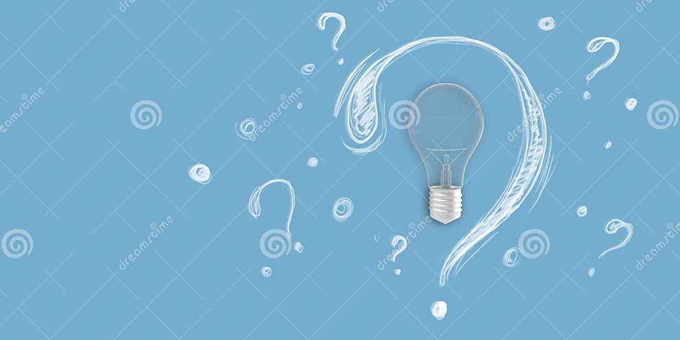 A Clear Light Bulb Surrounded by White Question Marks on a Blue ...
