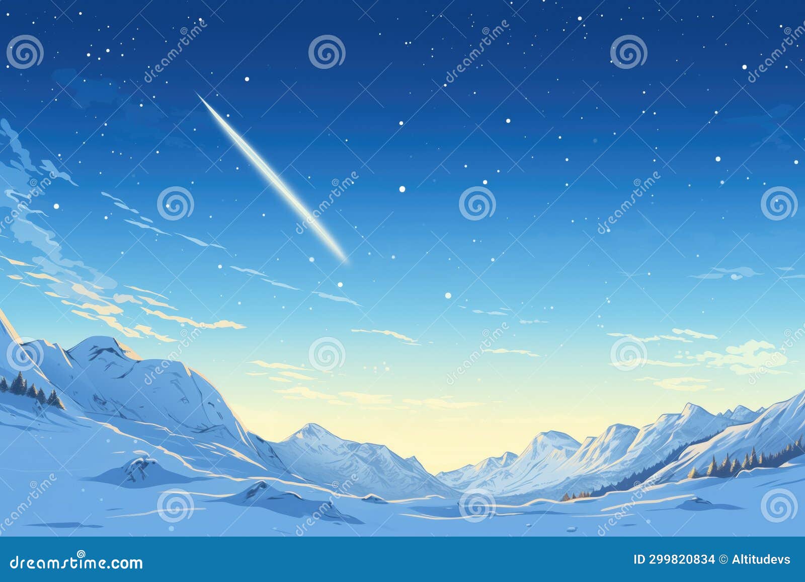A Clear Night Sky with a Comet Over Snowy Peaks Stock Photo - Image of ...
