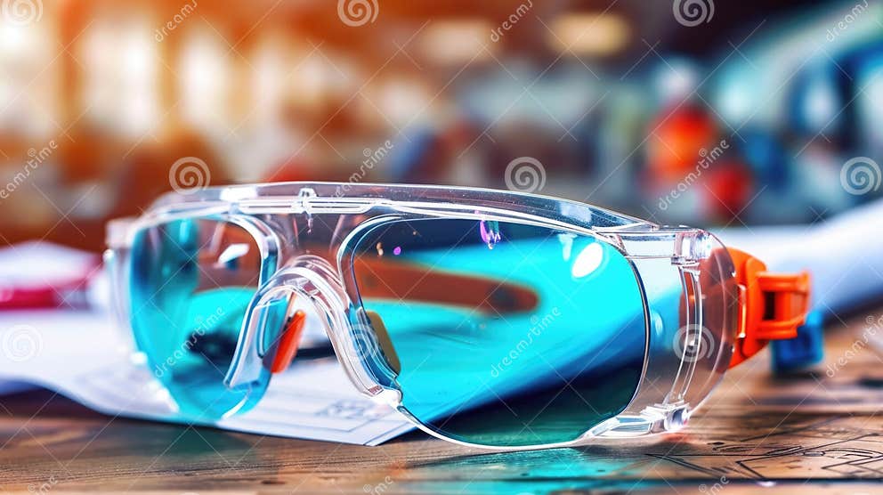 Clear Protective Safety Goggles on Blueprints in Industrial Setting ...