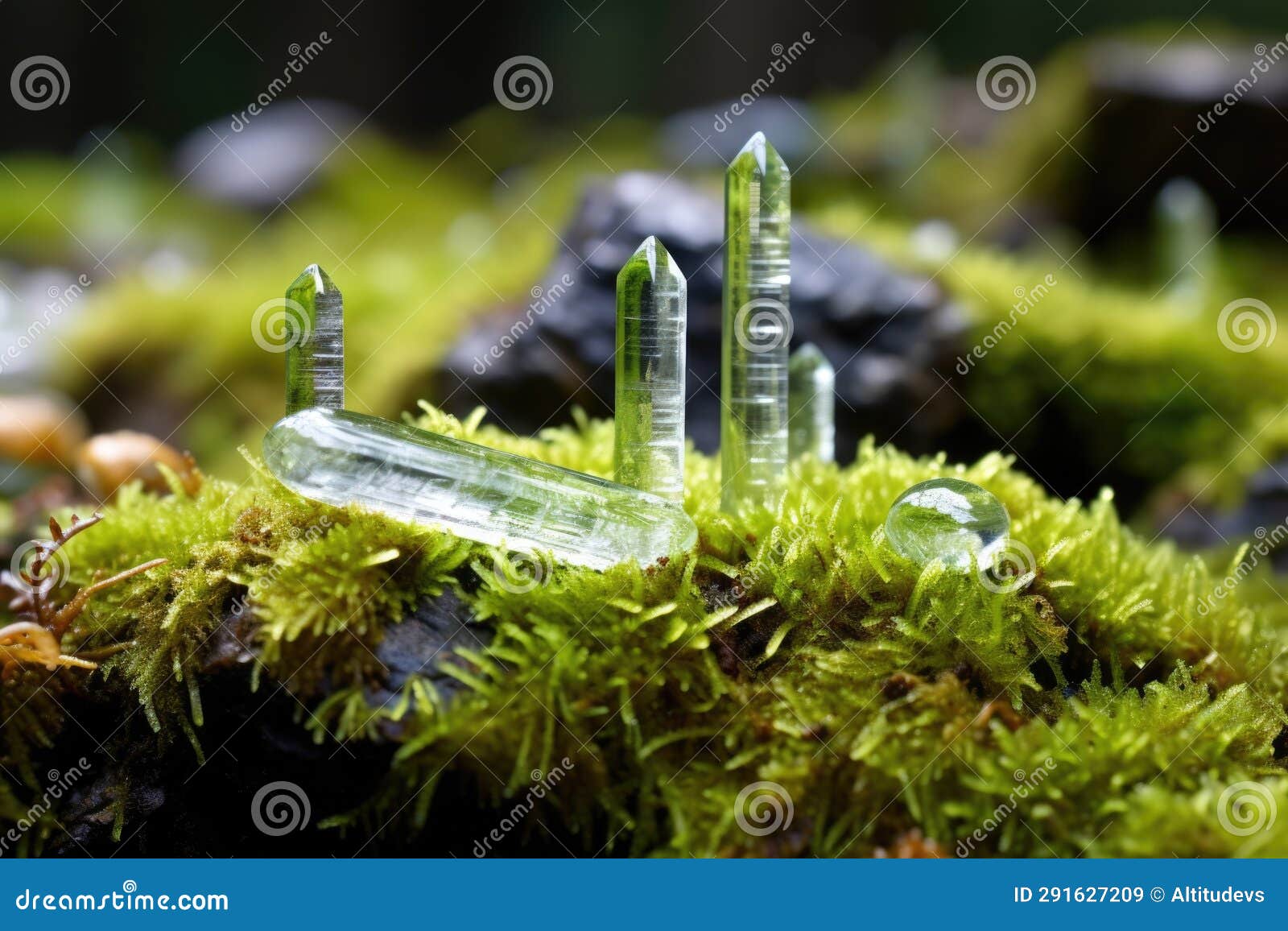 Clear Quartz Crystals Lying on a Bed of Fresh Moss Stock Image - Image ...