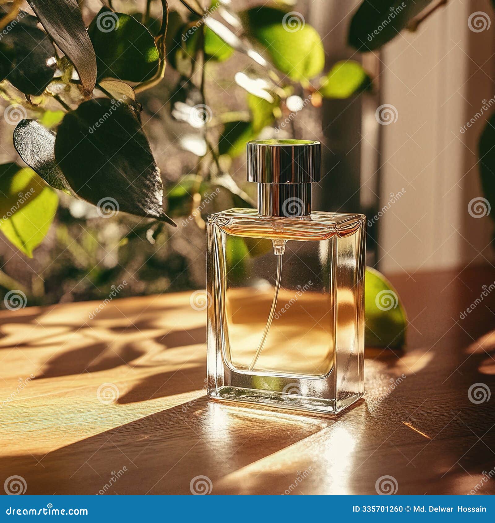 Clear Rectangular Glass Perfume Bottle with Golden Liquid, Sunlight ...