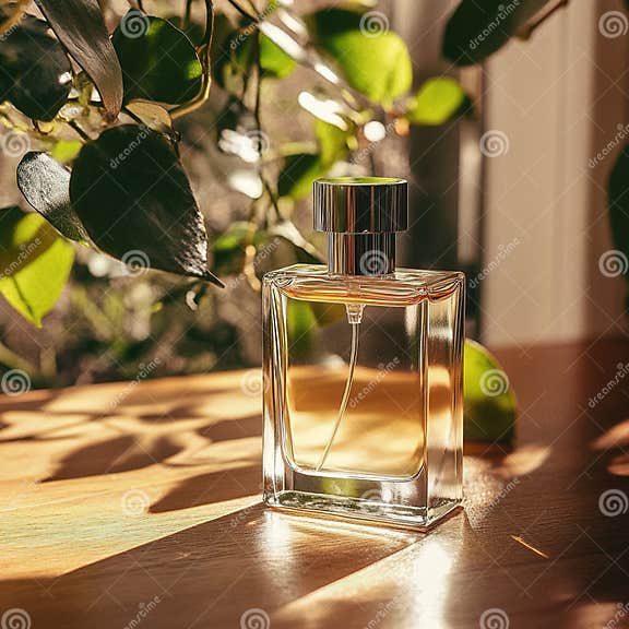 Clear Rectangular Glass Perfume Bottle with Golden Liquid, Sunlight ...