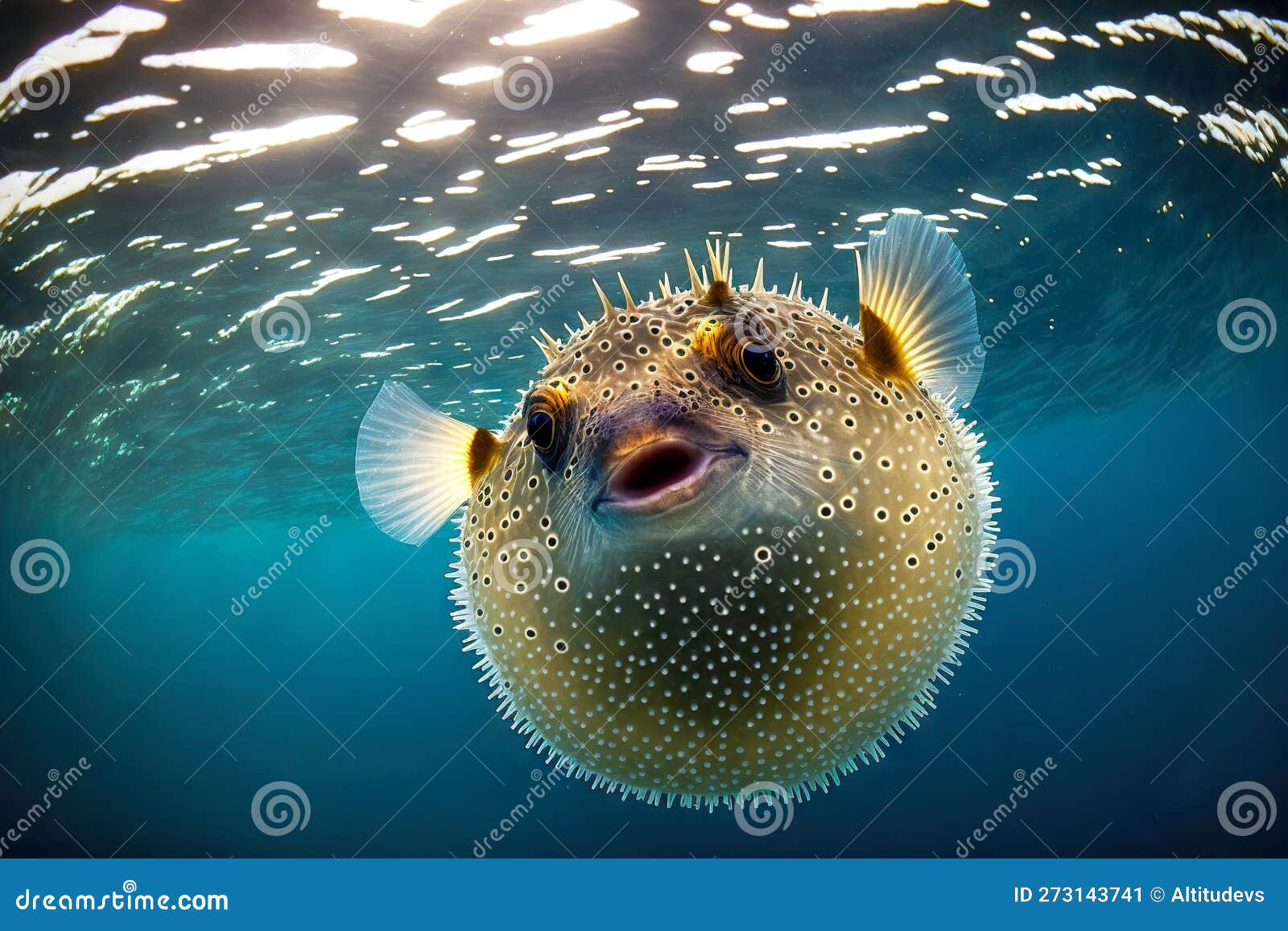 Clear Sea with Floating Bloated Puffer Fish with Spikes Stock ...