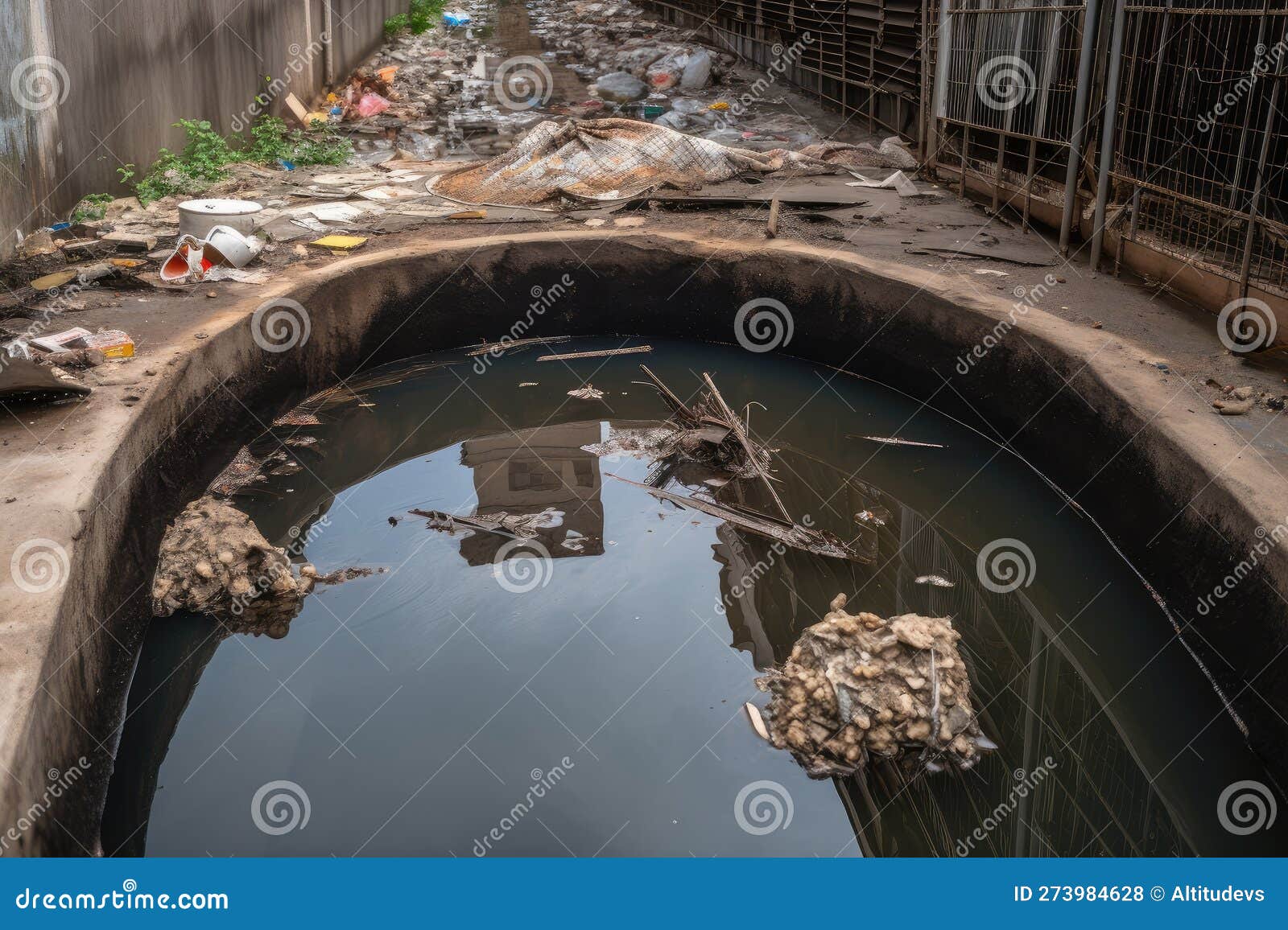 Clear Sewer Pool, with Trash and Debris Floating on the Surface Stock ...