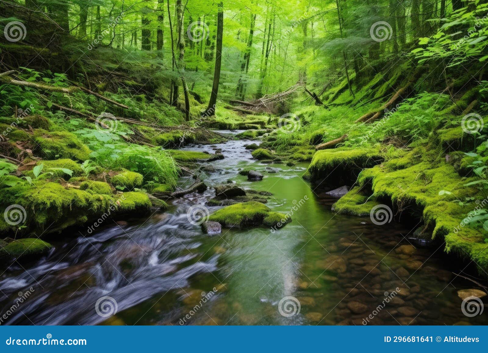 Clear Stream Flowing through a Lush Green Forest Stock Image - Image of ...