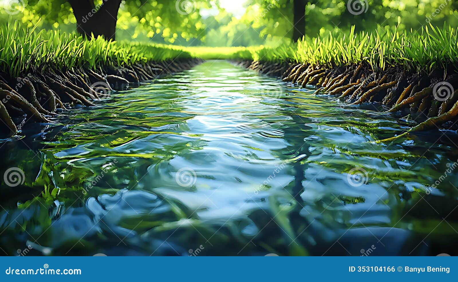 Clear Stream Flowing through Lush Green Grass and Tree Roots Stock ...