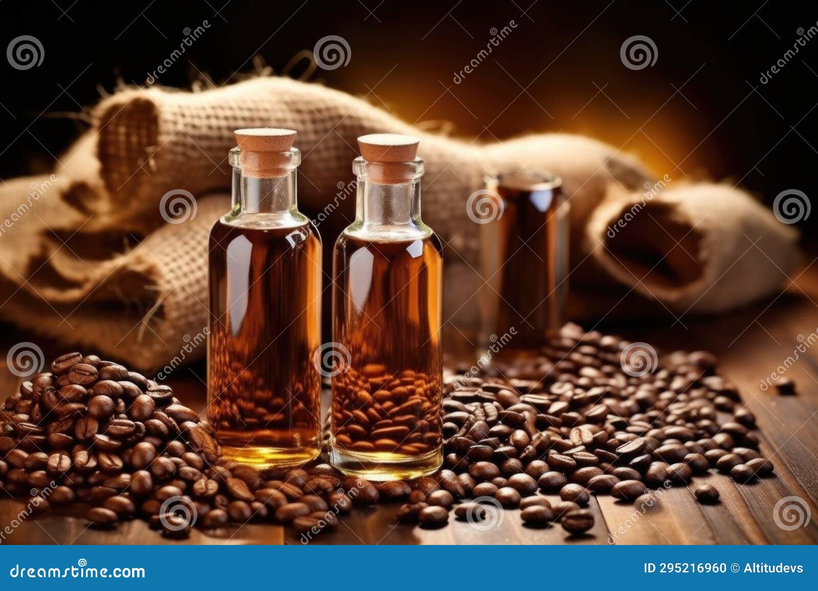 Clear Syrup Bottles with Coffee Beans Backdrop, Under Soft Light Stock ...