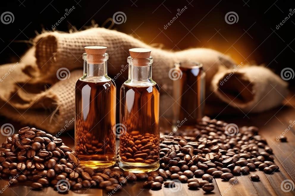 Clear Syrup Bottles with Coffee Beans Backdrop, Under Soft Light Stock ...