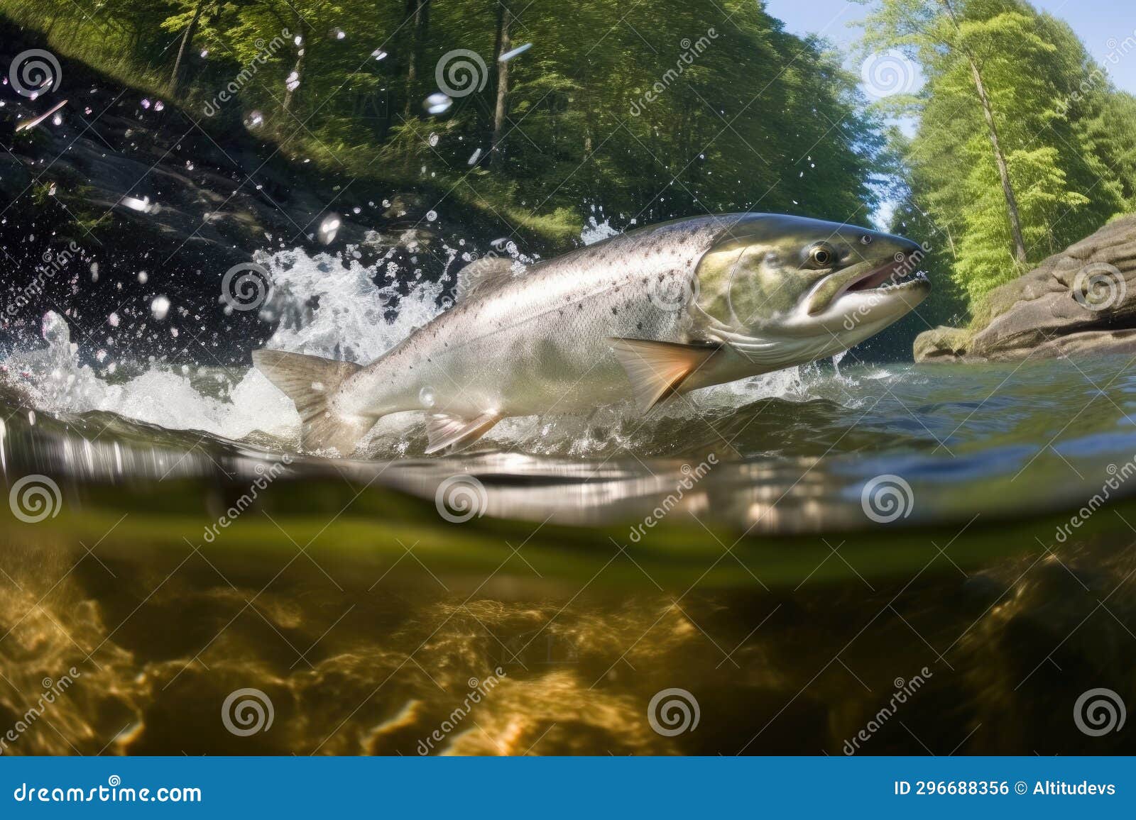 Clear View of a Salmon Leaping Upstream in a River Stock Photo - Image ...
