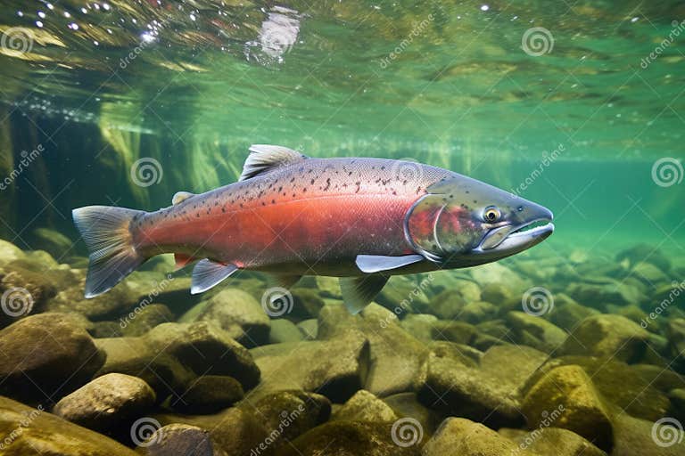 Clear View of a Salmon Leaping Upstream in a River Stock Photo - Image ...