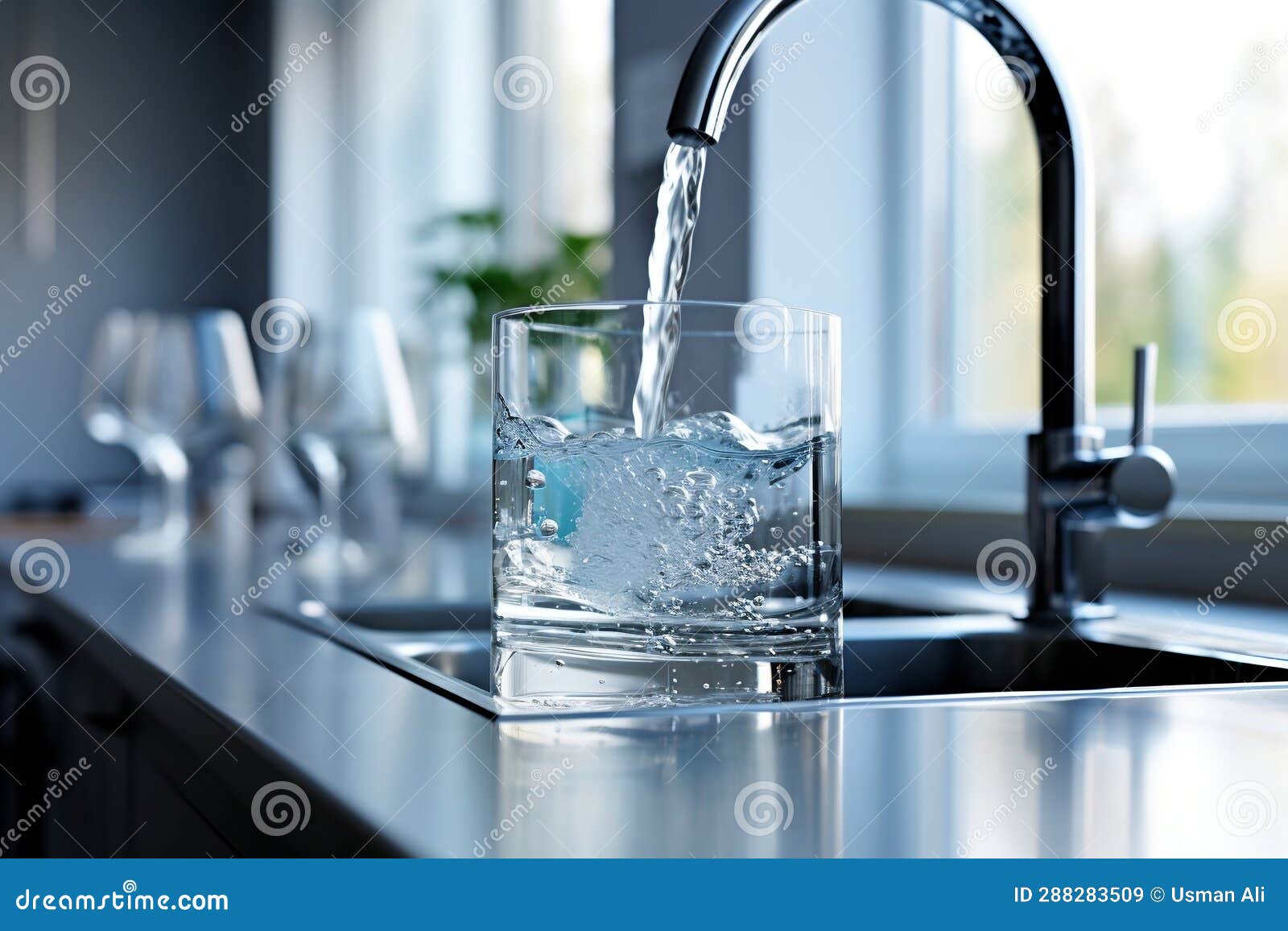 Clear Water Flowing from Kitchen Tap into Glass. AI Stock Image - Image ...