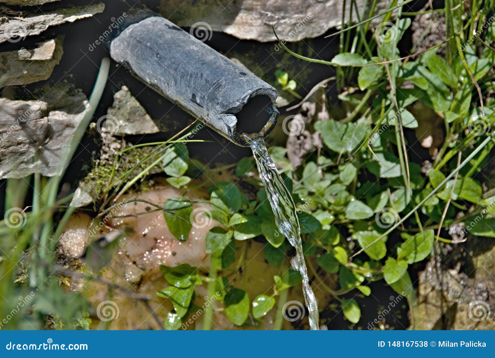 Clear Water Flows from a Pipe Stock Photo - Image of grass, closeup ...