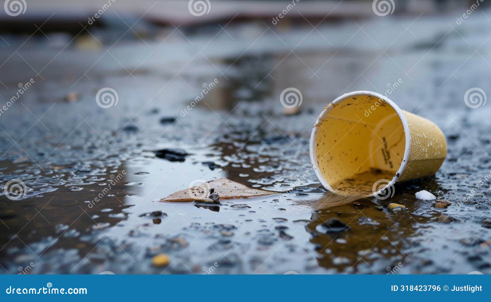 A Cled Paper Cup Lying on Its Side Surrounded by a Small Puddle of ...