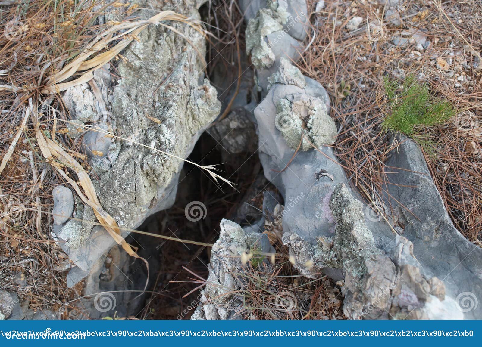 Cleft Or Split In The Rocks, Small Cave, Dry Grass Royalty-Free Stock ...