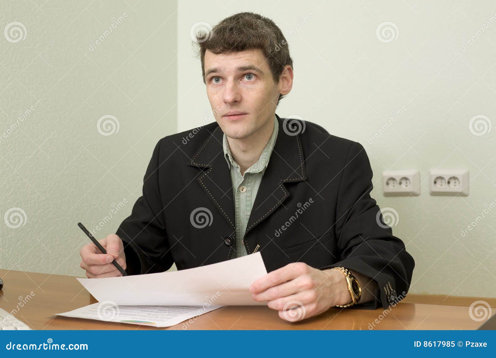 Clerk at Office Sits at a Desktop Stock Image - Image of pencil, green ...