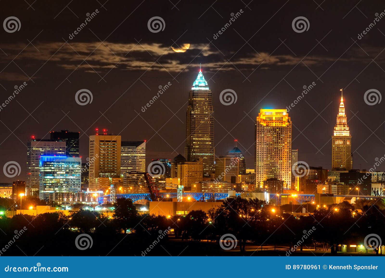 Cleveland moon in clouds stock image. Image of bridge - 89780961