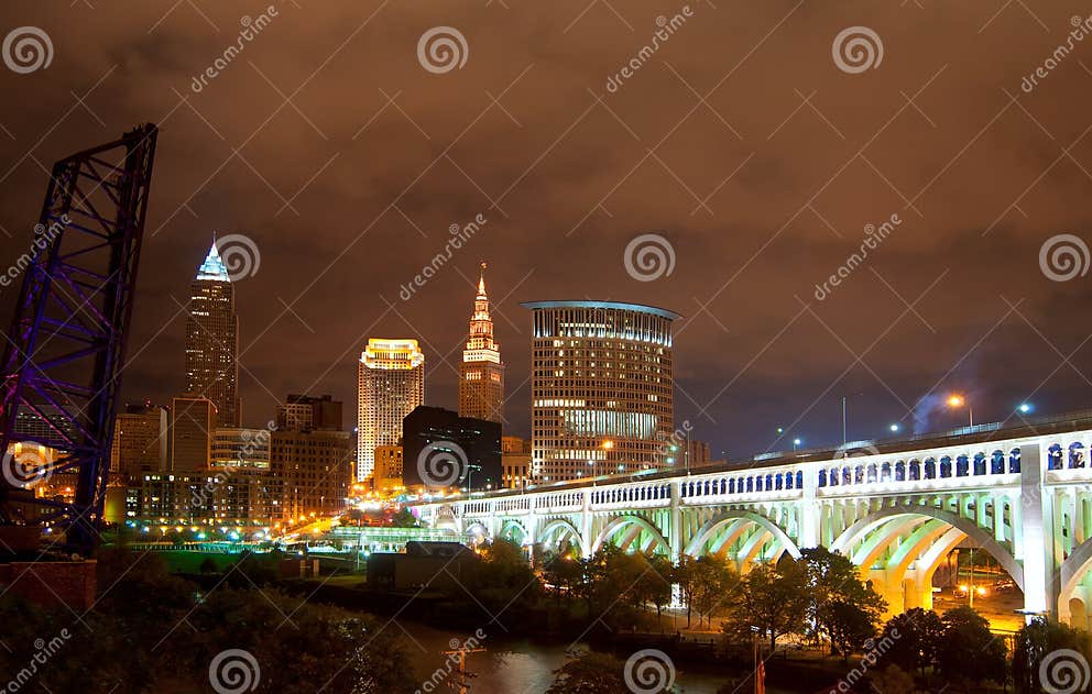 Cleveland at night stock photo. Image of midwest, horizontal - 16282182