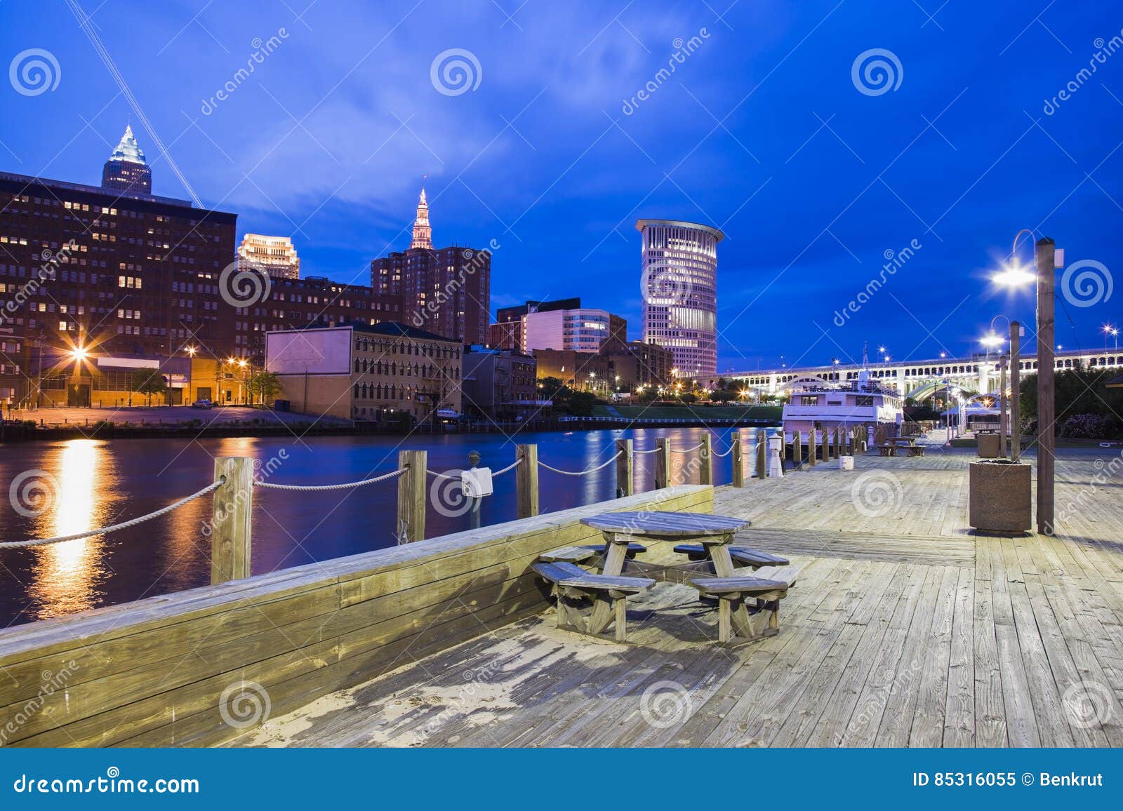 Cleveland Panorama at Night Stock Image - Image of boat, cleveland ...