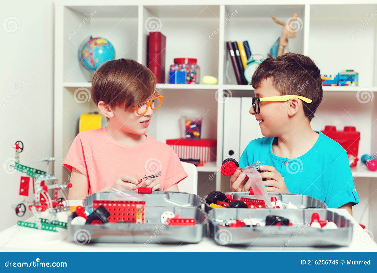 Clever Children Creating Diy Construction at the Table. Happy Boys ...