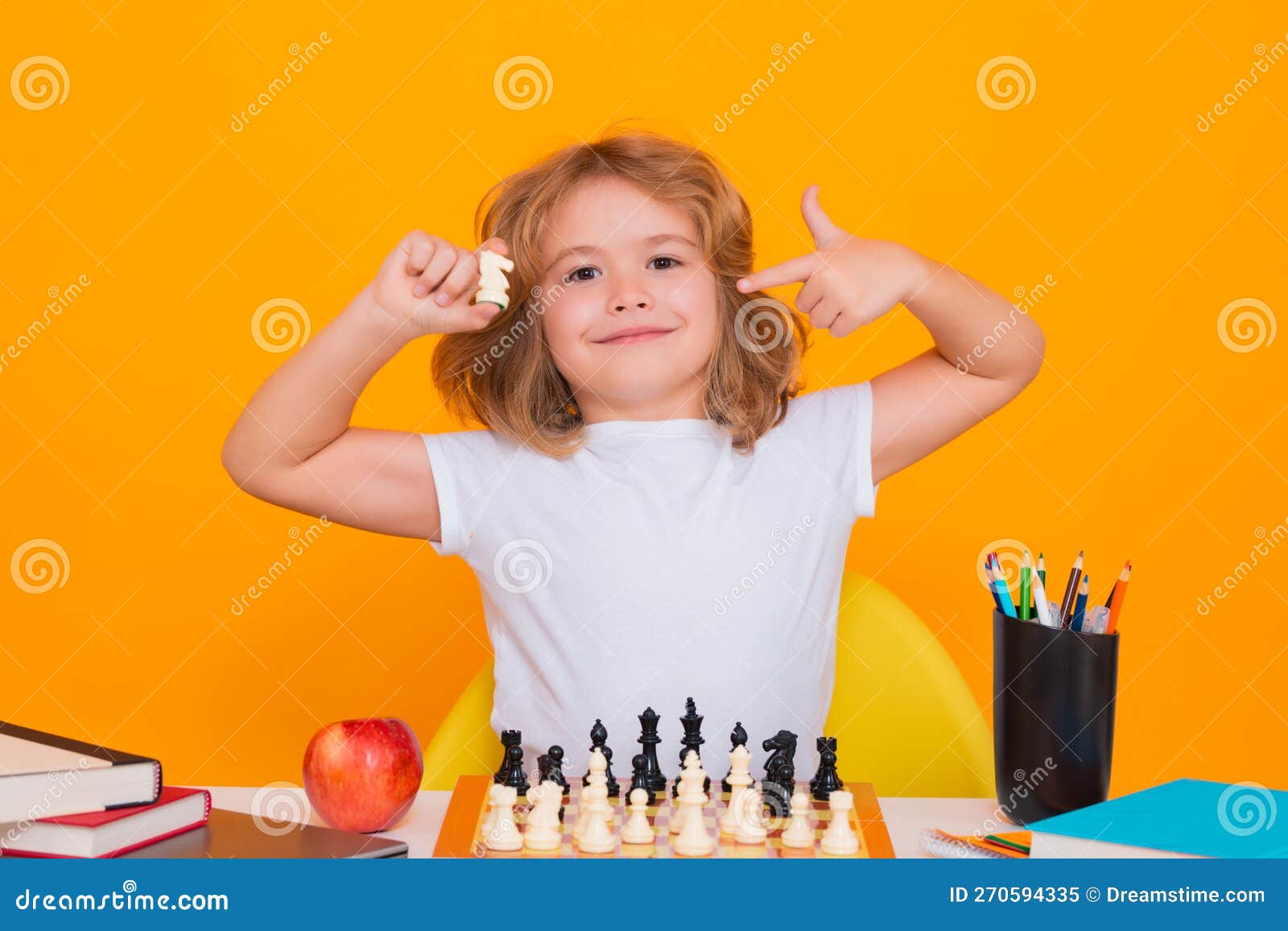 Clever Concentrated and Thinking Kid Playing Chess. Kids Brain ...