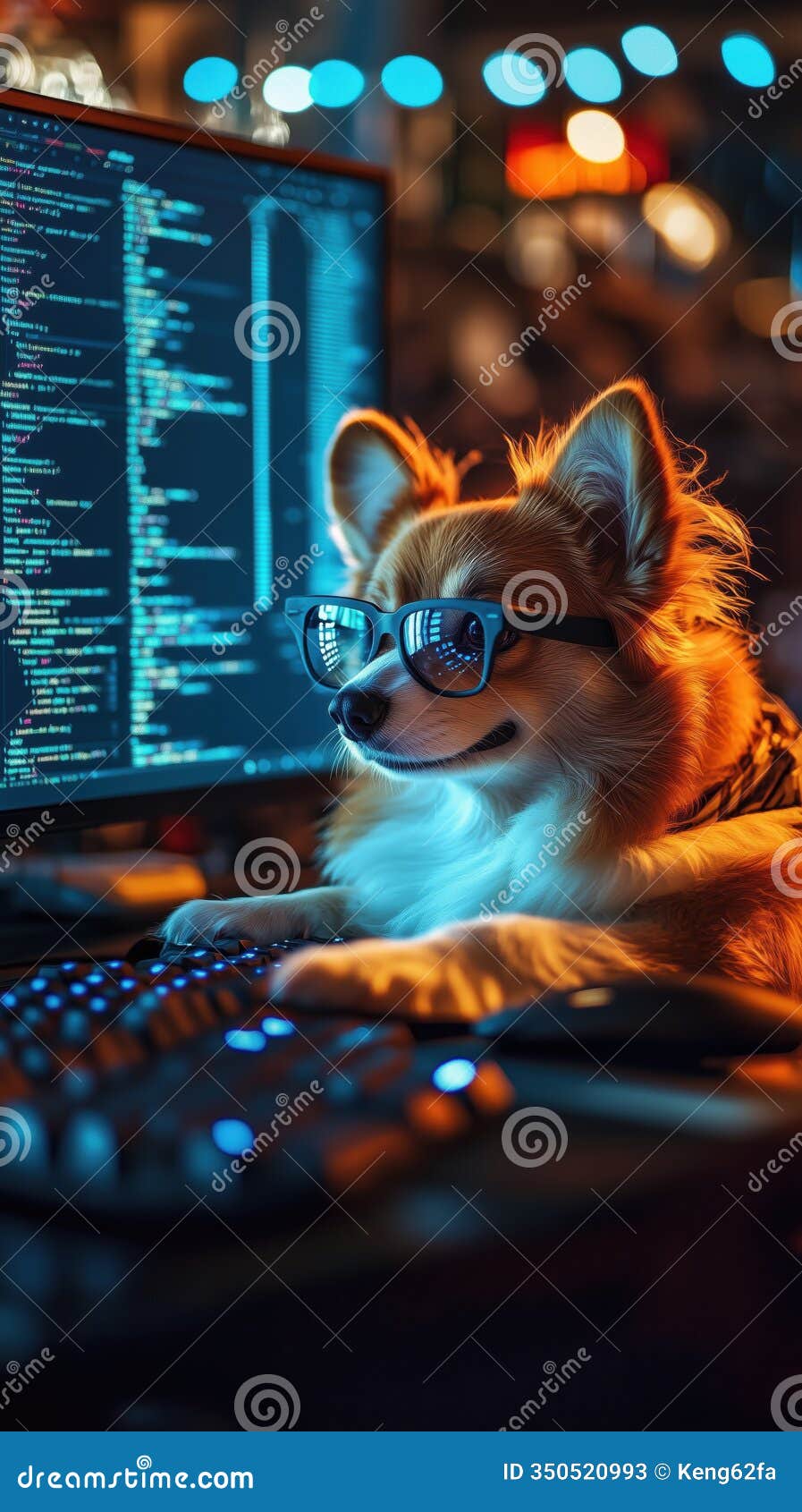 Clever Corgi Wearing Glasses Coding on Computer in Vibrant Tech ...