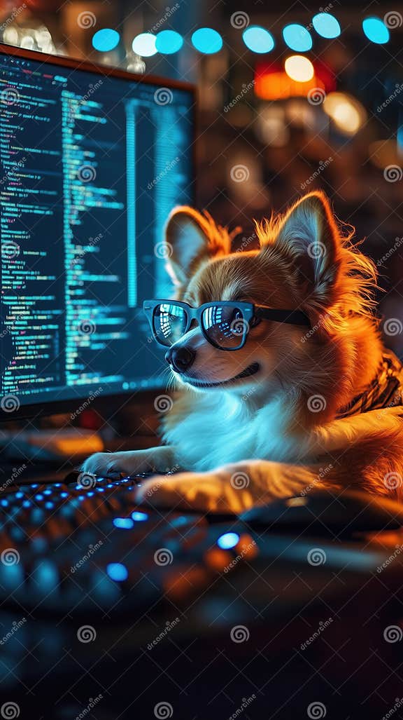 Clever Corgi Wearing Glasses Coding on Computer in Vibrant Tech Environment Stock Illustration ...