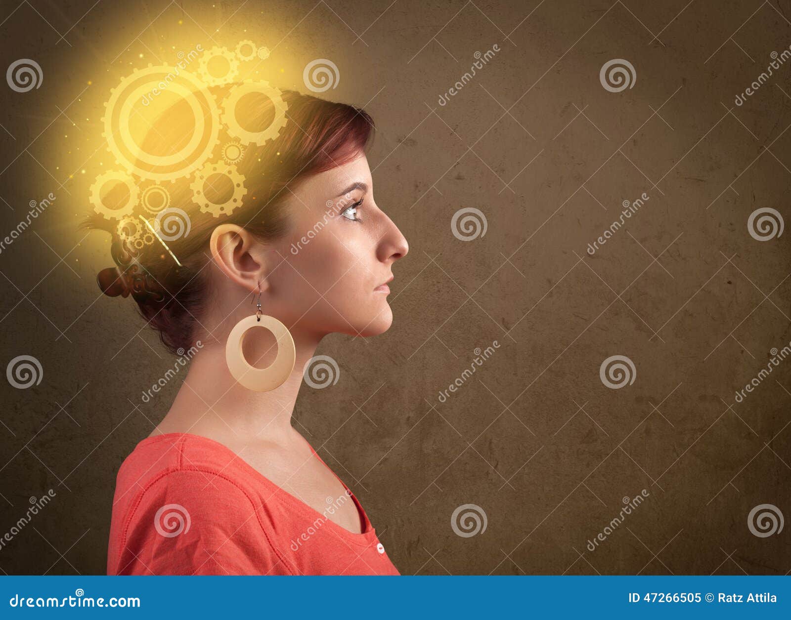 Clever Girl Thinking with a Machine Head Illustration Stock Image ...