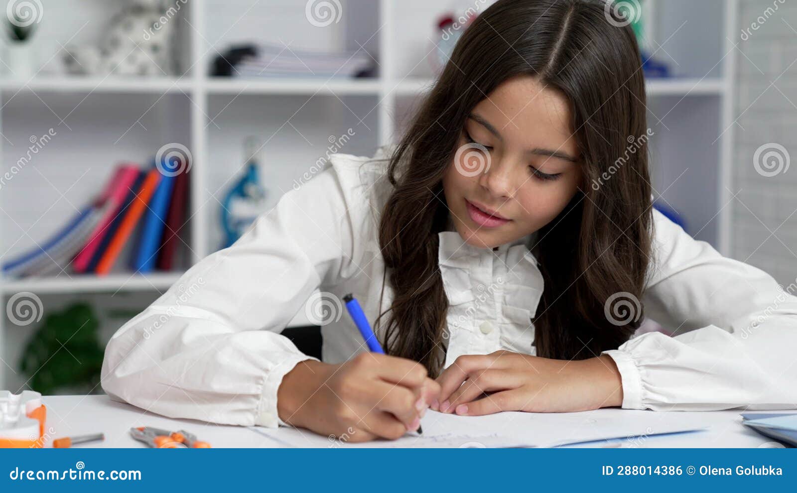 Clever Kid Writing with Pan at School Lesson in Classroom, Get Smart ...
