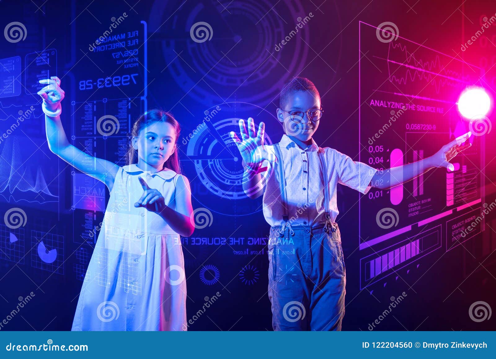 Clever Kids Using Futuristic Devices while Studying Stock Photo - Image ...