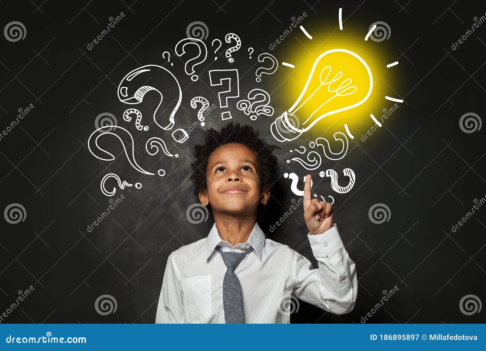 Clever Little Boy on Black Background with Light Bulb. Brainstorming ...