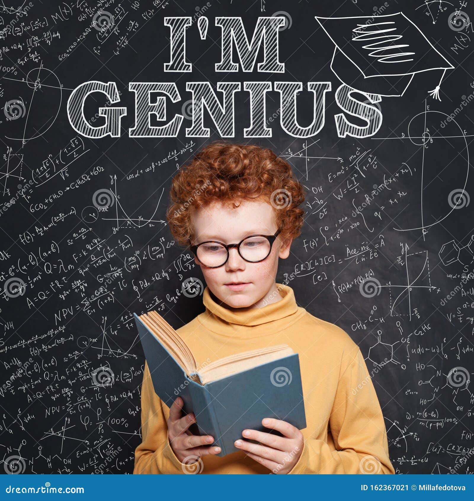 Clever Little Boy Genius on Blackboard Background Portrait Stock Image ...