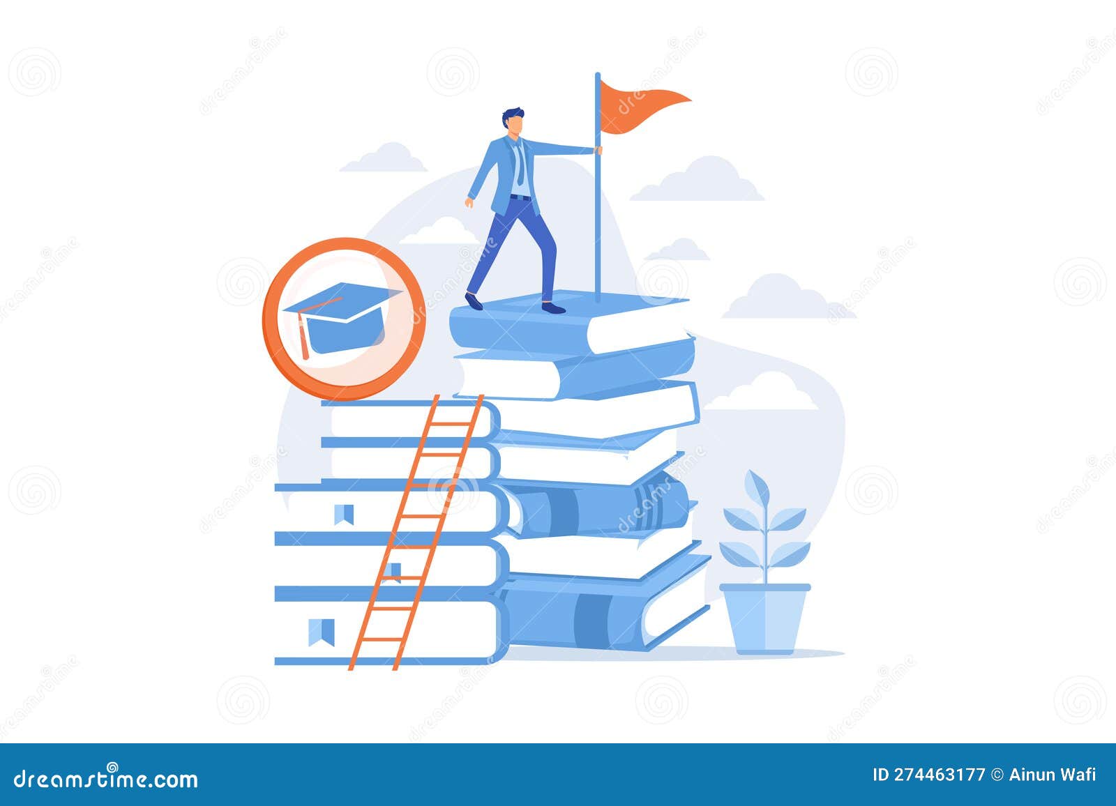 Clever Man, Student Standing on Books Stack with Flag. Self Learning ...