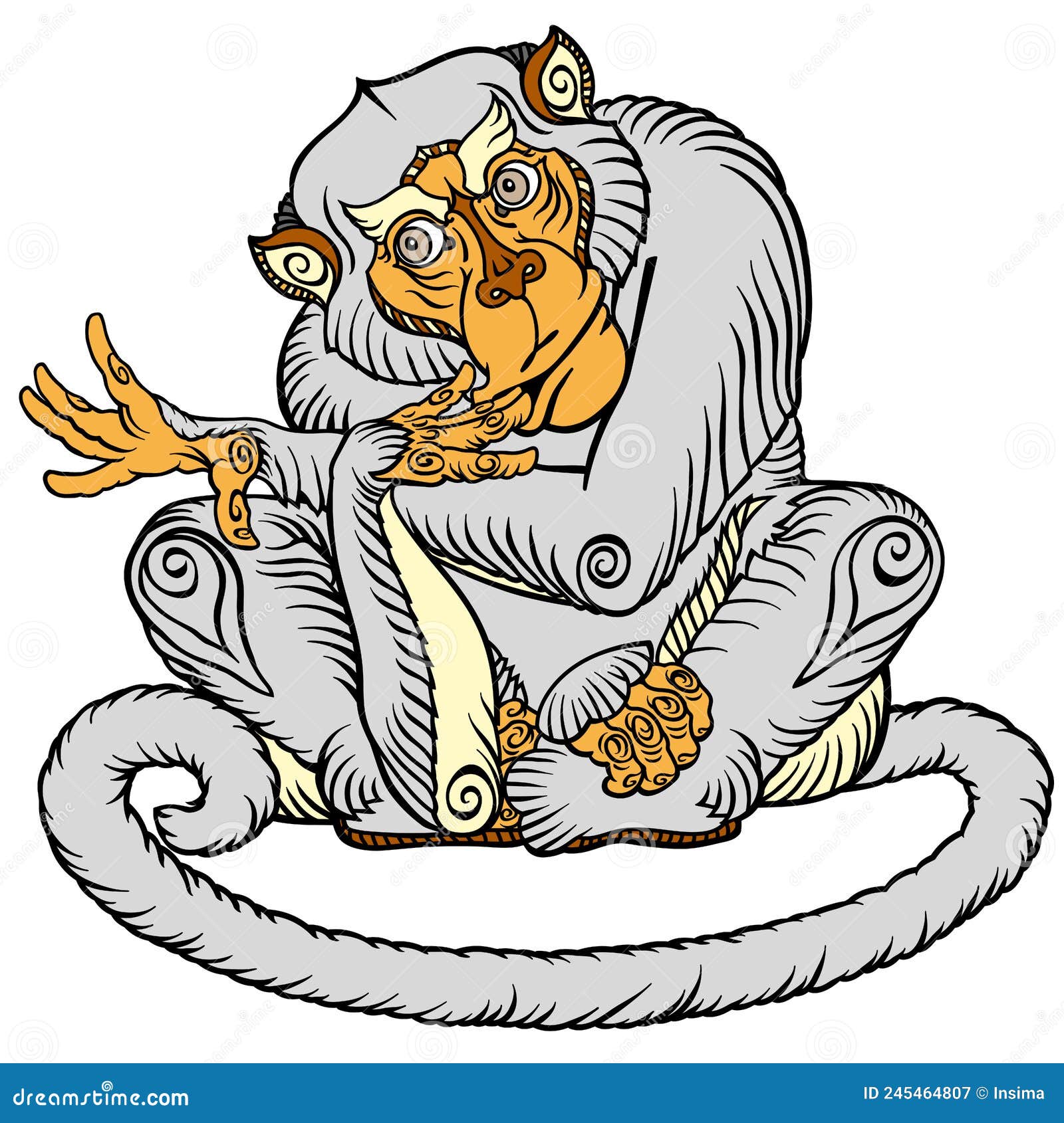 A Clever Monkey In A Sitting Pose. Black And White Cartoon Vector ...