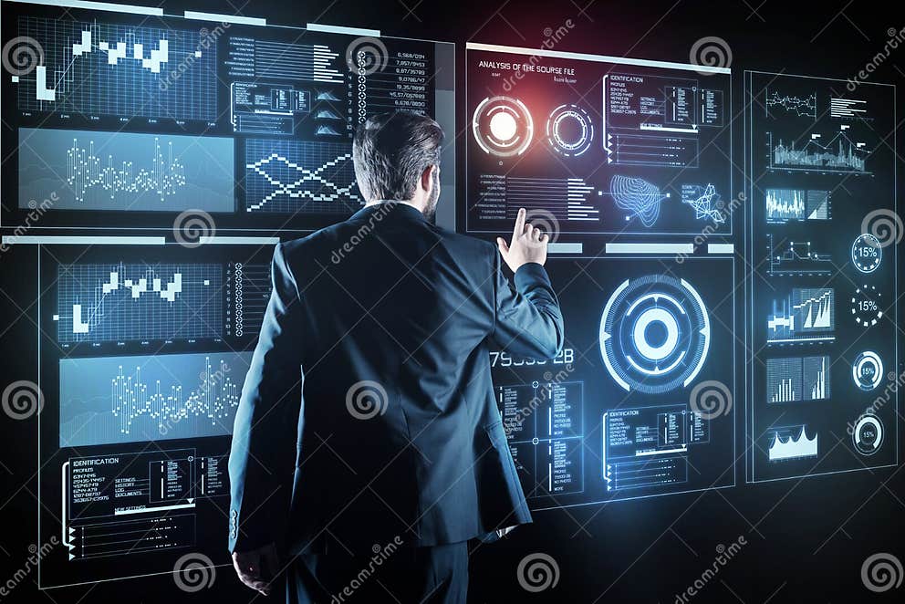 Clever Programmer Looking Calm while Touching the Transparent Screen ...