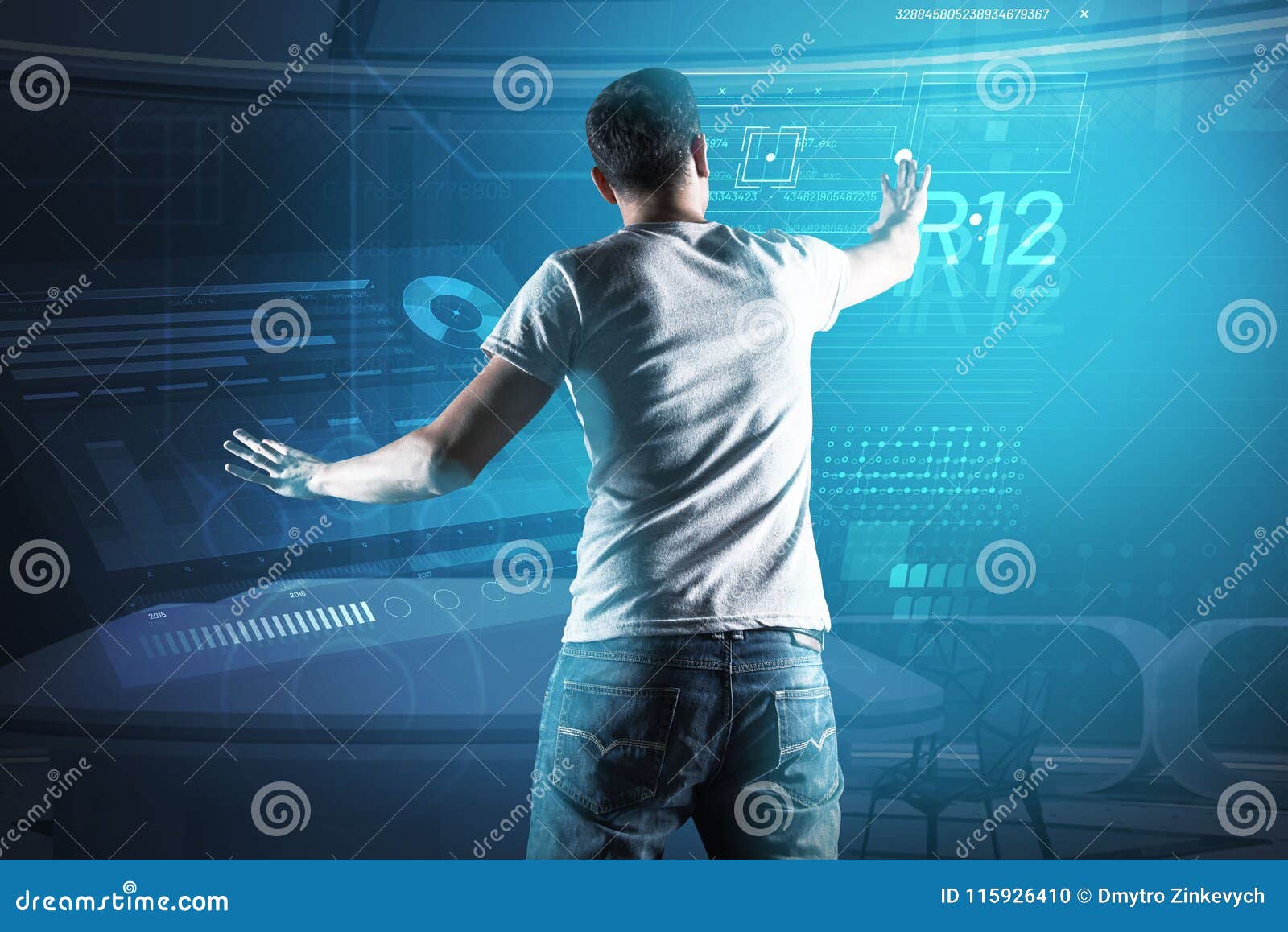 Clever Programmer Putting His Hand Up while Touching a Transparent ... Clever Programmer Putting His Hand Up while Touching a Transparent ...