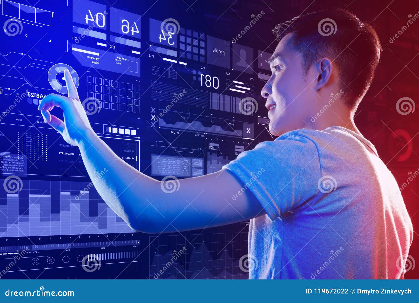 Clever Programmer Touching the Screen while Working at the New Program Stock Photo - Image of ...