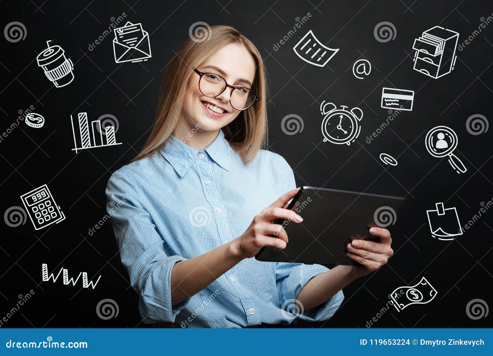 Clever Student Feeling Happy while Standing with a Modern Tablet Stock ...