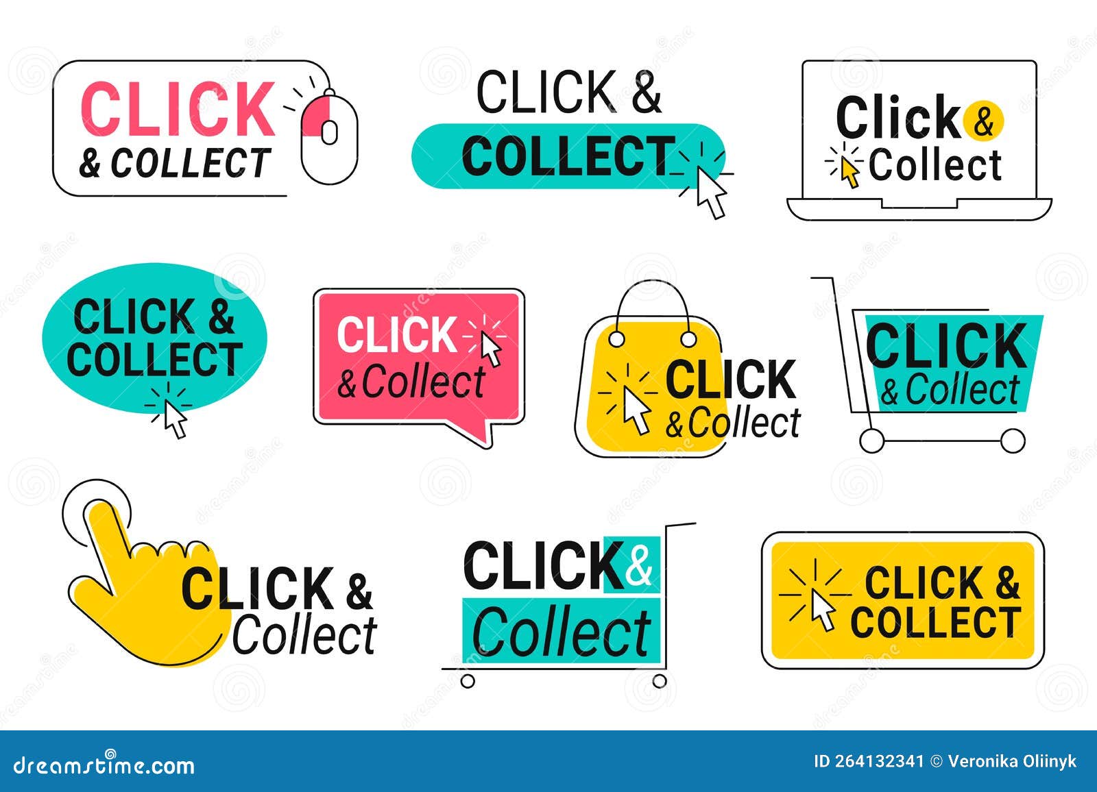Click and Collect. Online Shop Buttons with Clicking Cursor Pointer ...